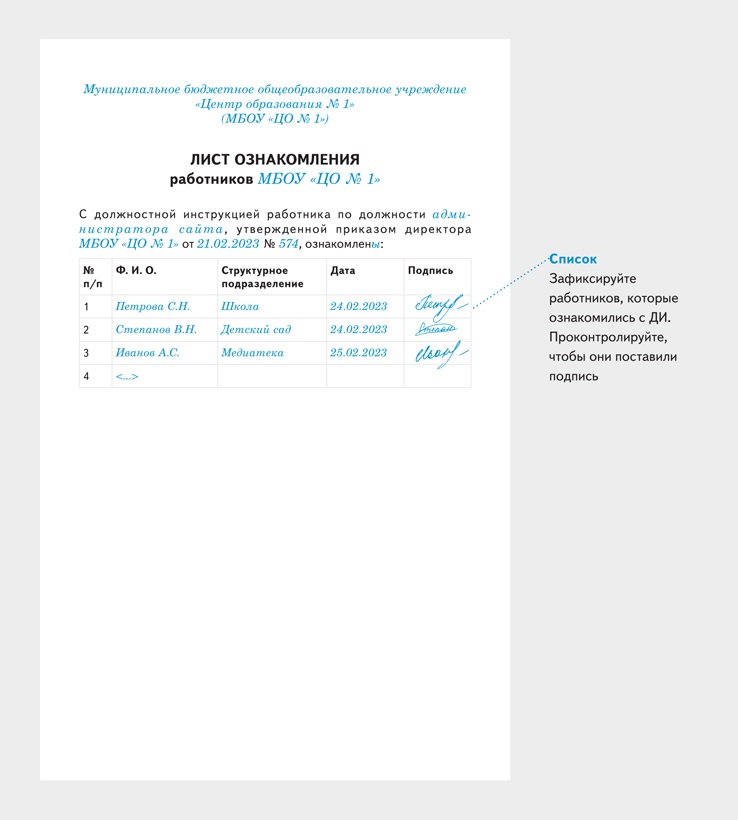 Лист ознакомления работников с должностной инструкцией Нормативные